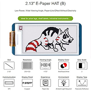 2.13inch e-Paper HAT for Raspberry Pi 4B/3B+/3B/2B/Zero/Zero W/ Zero2W/WH/forArdui/Jetson Nano/STM32, 250x122 Pixel White Black Red Three-Color E-Ink Display Screen, SPI Interface Full Refresh