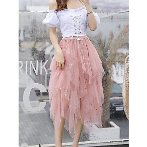 Reaowazo Tulle Skirts for Women Midi Long Fairy Skirt Tutu A-Line Mesh Layered High Elastic Waist Halloween Skirts Pink Sequin One Size