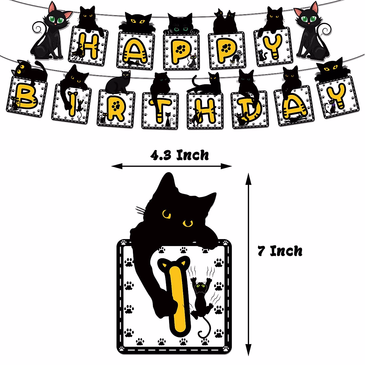 Black Cat Party Decorations Set Inlcudes Black Cat Happy Birthday Banner, Cake Topper, Cupcake Topper, Ballloons for Kids Cat Birthday Party Supplies