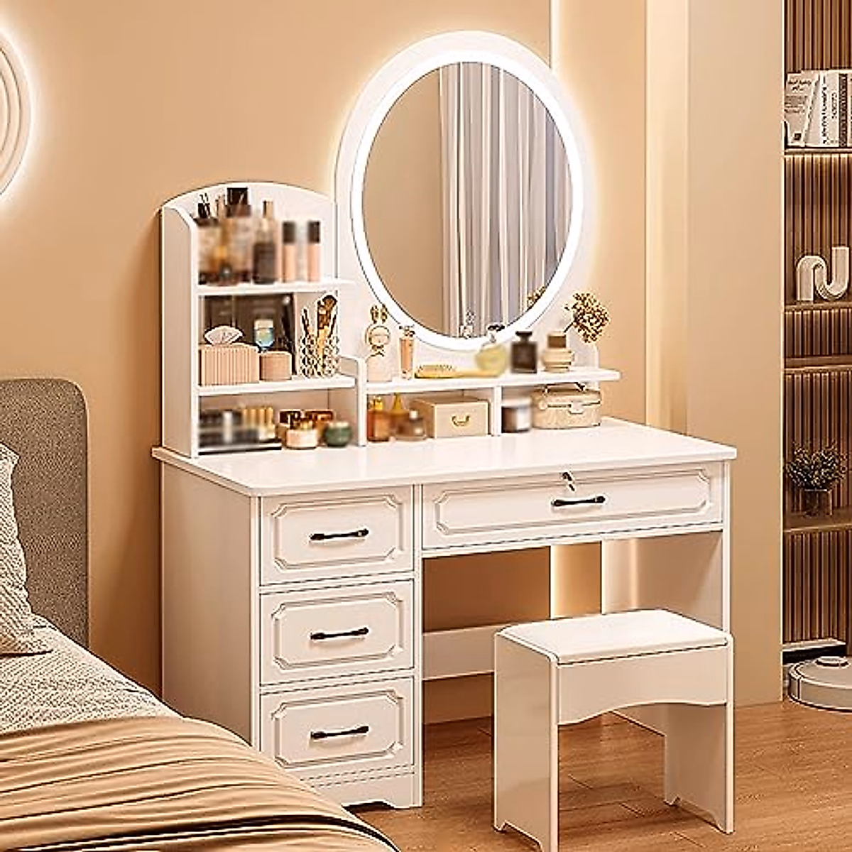 Vanity Set with Lights and Stool Makeup Vanity Desk with Mirror Dressing Table with Four Drawers Raise the Fence to Prevent Falling Exquisite Handle Smooth Pulling Three Level Brightness Adjustment (