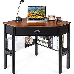 Nightcore Small, Wood Computer Desk, Compact Writing w/Drawer & Storage Shelves, Space Saving Study Workstation, Laptop PC Corner Table, Coffee