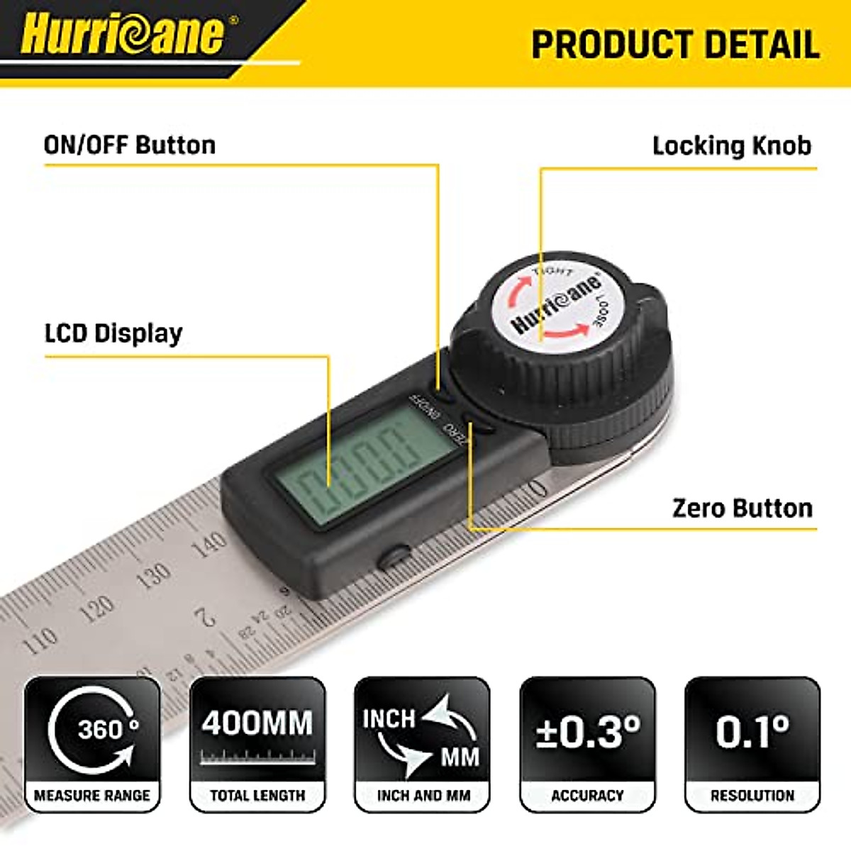 HURRICANE Digital Angle Finder Protractor, 2 In 1 Digital Level and Angle Gauge, 7 Inch / 200mm Stainless Steel Measuring Ruler with Large LCD Display for Woodworking, Crown Molding and Daily Use