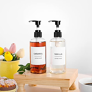 Mustry Coffee Syrup Dispensers for Coffee Bar Accessories with 84 Minimalist Syrup Labels, BPA Free Food Safe PET Coffee Syrup Bottles with Pump Plastic Syrup Containers, 300 ml Set of 4