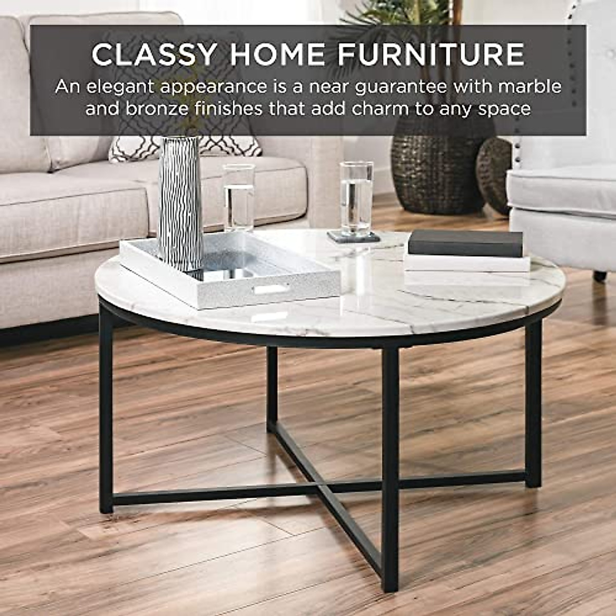 Best Choice Products 36in Faux Marble Accent Table, Modern End Table, Large Coffee Table Home Decor for Living Room, Dining Room, Tea, Coffee w/Metal Frame, Foot Caps, Designer - White/Black