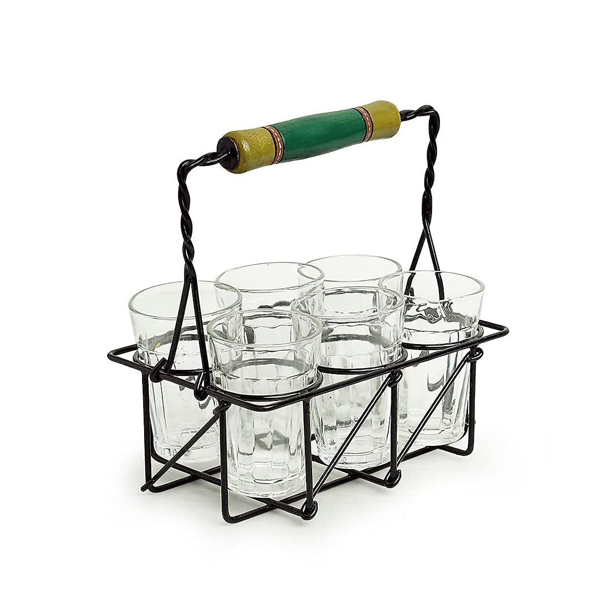 ExclusiveLane 'The Railway Nostalgia' Tea Glasses with Iron Holder (Set of 6, 120ml) - Cutting Chai Glasses with Stand Indian Style Tea Glass Tea Cup Handpainted Iron Carrier Stand Organizer