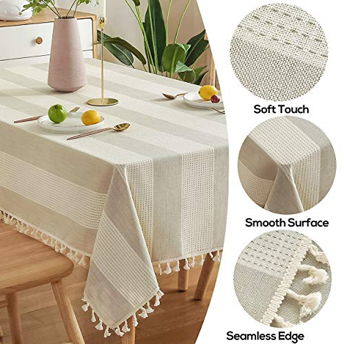 AmHoo Stitching Tassel Tablecloth Striped Table Cloth Rectangle Cotton Linen Dust-Proof Table Cover for Kitchen Dinning 54 x 70 Inch Beige