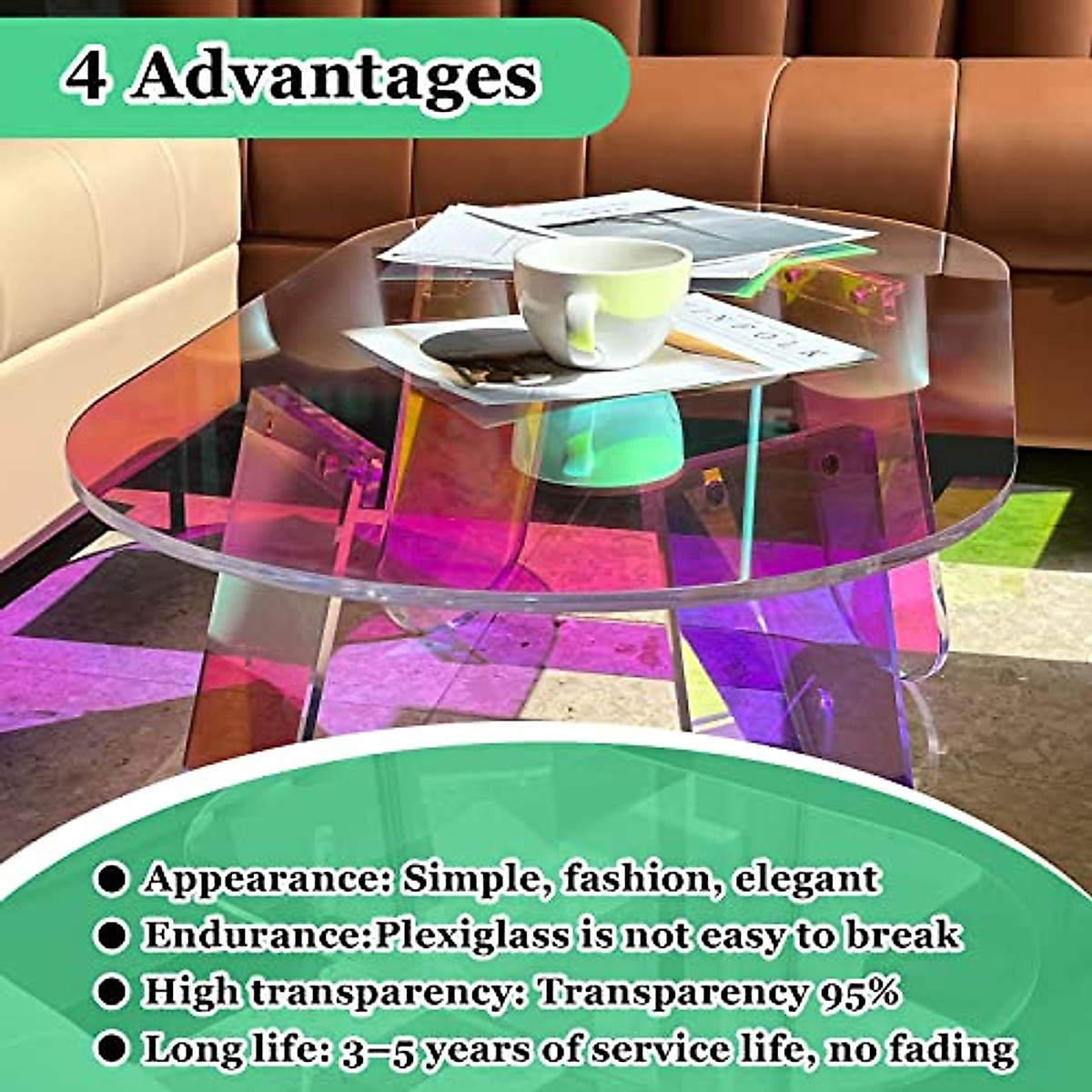 Nalwort Acrylic Coffee Table, Colorful Round Side Table, Iridescent Clear End Table for Living Room Bedroom, 37.4" L x 19.7" W x 13.8" H