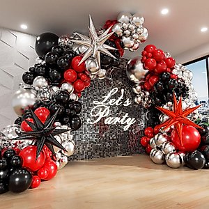 Red and Black Balloon Arch Kit with 3pcs Star Balloons, Red Black and Metallic Silver Balloons Garland Kit for Birthday Prom Red Black Graduation 2024 Party Decorations