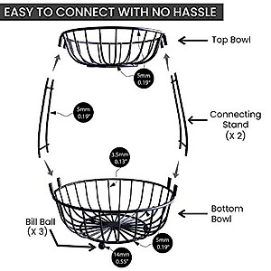 Kitchen Fruit Basket Stand 2 Tier – Tiered Fruits, Vegetable Holder for Kitchen Countertop Modern – Produce Storage Organizer, Fruit Bowl, Snack Rack, Screws Free Design Produce Bin - Black
