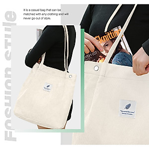 LHMTQVK Corduroy Tote Bags for Women, Large Capacity Corduroy Bag Reusable Grocery Shoulder Bag with Inner Pockets (Beige)