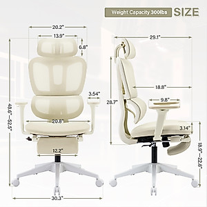 Ergonomic Office Chair with Footrest, High Back Computer Office Chair with Dynamic Lumbar Support, 2D Headrest, 2D Armrest, Sponge Seat, Mesh Home Office Desk Chair for Adults, Cream
