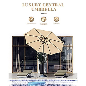 Zersun 9FT Patio Umbrella, Solar Powered LED Umbrellas with 32 LED Lights 8 Ribs/Tilt Adjustment and Crank Lift System for Garden, Backyard and Pool - Tan