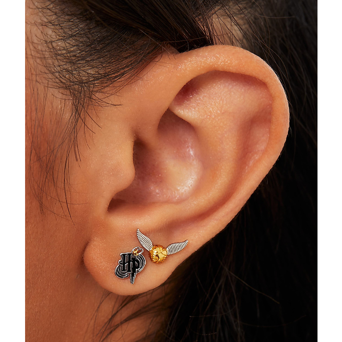 Harry Potter Flash Plated and Silver Plated Stud Earring Set, 2 Pair Two Tone Studs - Golden Snitch Flash and Silver Plated Studs, HP Silver Plated Studs