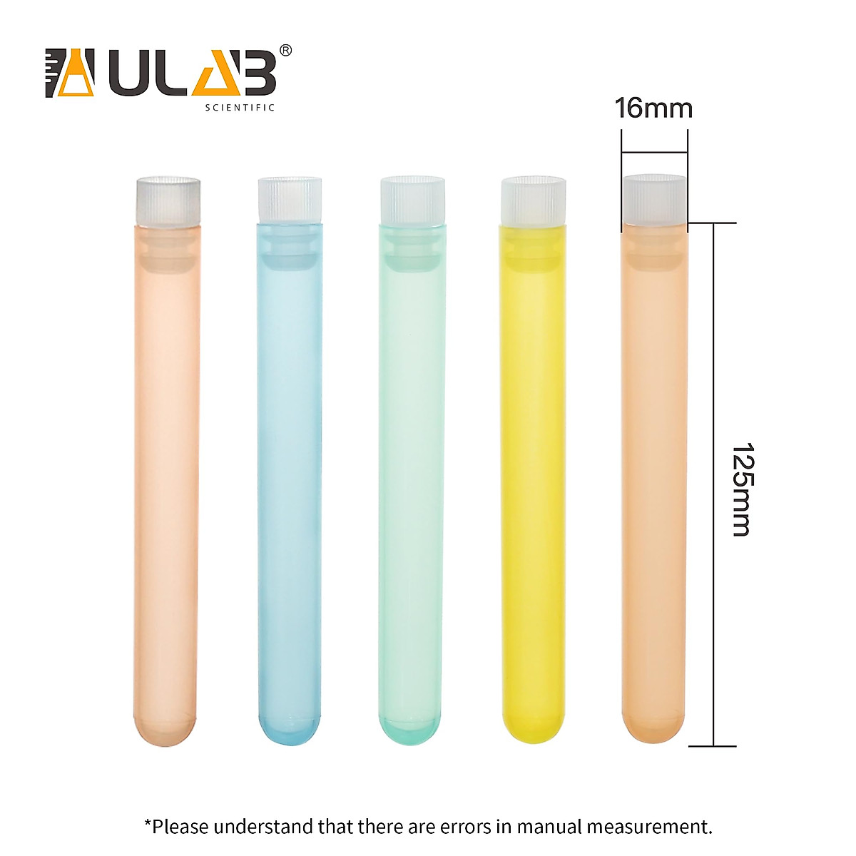 ULAB 50pcs Plastic Test Tubes with Caps, Dia16x125mm PartyTubes Shot Glasses, Multiple Colored Tubes with Transparent Lid, UTT1021