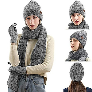 Womens Winter Warm Knit Beanie Hat Touchscreen Gloves Long Neck Scarf Set with Fleece Lined Skull Caps Gifts for Women Men Black