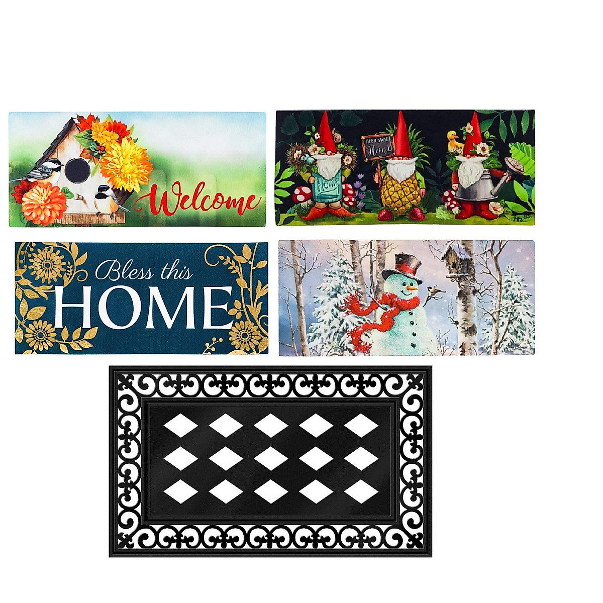 Evergreen Sassafras Bundle - Set of 5 All Seasons Interchangeable Entrance Doormats | Indoor and Outdoor |22-in x 10-in doormats and 30-in x 18-in Tray | Non-Slip Backing | Low Profile | Home Décor