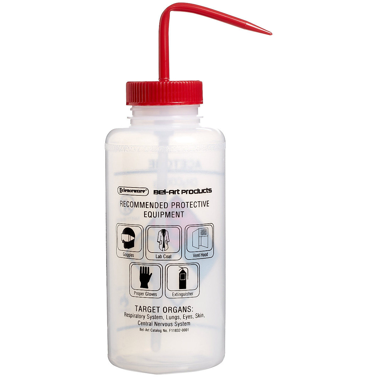 SP Bel-Art Right-to-Know Safety-Vented / Labeled 4-Color Acetone Wide-Mouth Wash Bottles; 1000ml (32oz), Polyethylene w/Red Polypropylene Cap (Pack of 2) (F11832-0001)