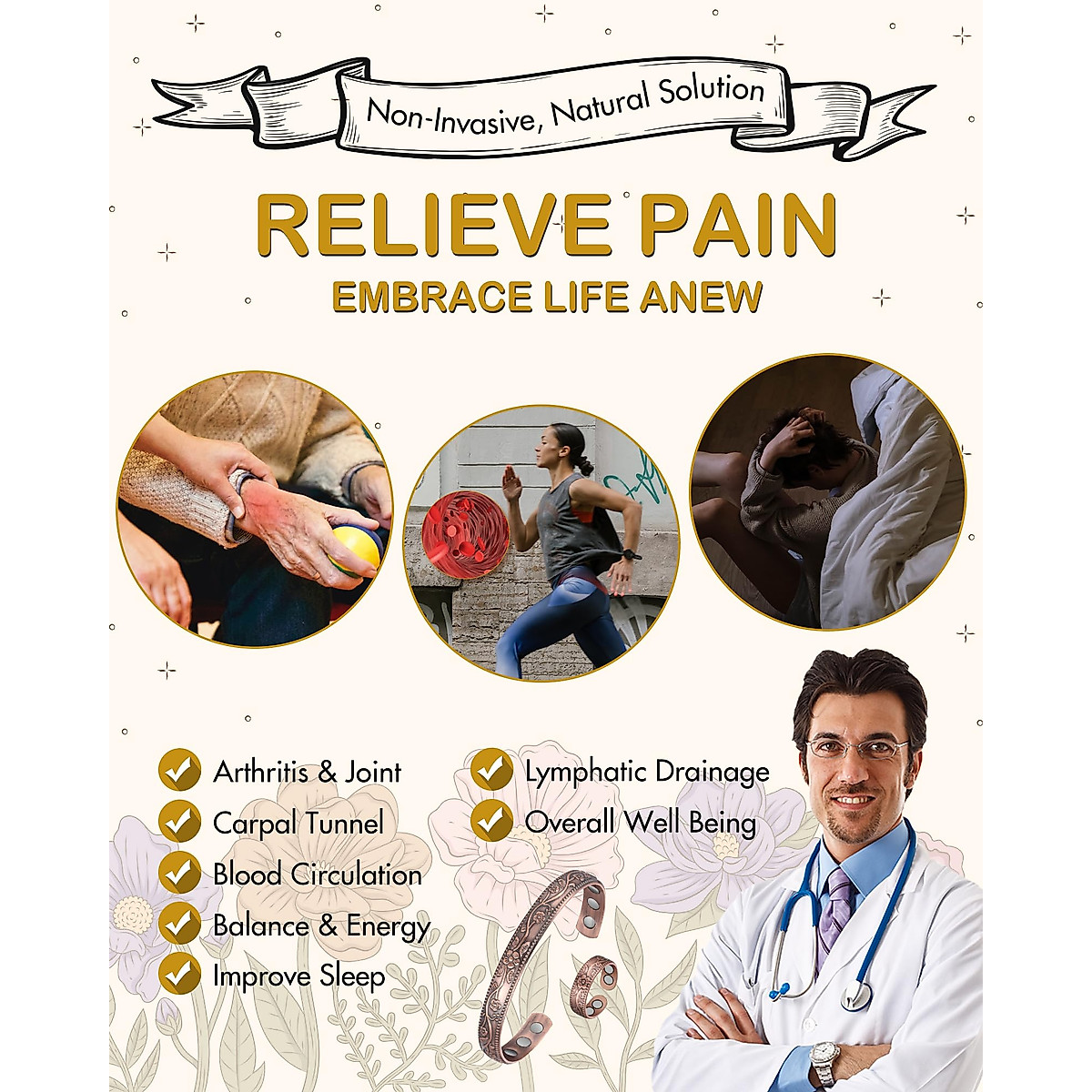 Feraco Copper Bracelet & Lymphatic Drainage Rings for Women, Vintage Flower Copper Magnetic Cuff Bangle, 99.99% Pure Copper with Neodymium Magnets, Adjustable with Gift Box