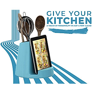 Ceramic Utensil Holder & Tablet Stand - Modern White Crock w/Tablet Holder - Utensil Caddy for Contemporary Cooking Enthuziasts - iPad or Recipe Book Holder - Decorative Cookbook Stand - 7.11" x 8.5"