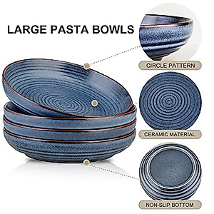 HVH 9.2 inch Large Pasta Bowls Set of 4, 40oz Big Salad Bowl Set of 4, Ceramic Plates Set, Shallow Bowls, Ceramic Bowls Set Microwave and Dishwasher Safe, Farmhouse Style (Black)