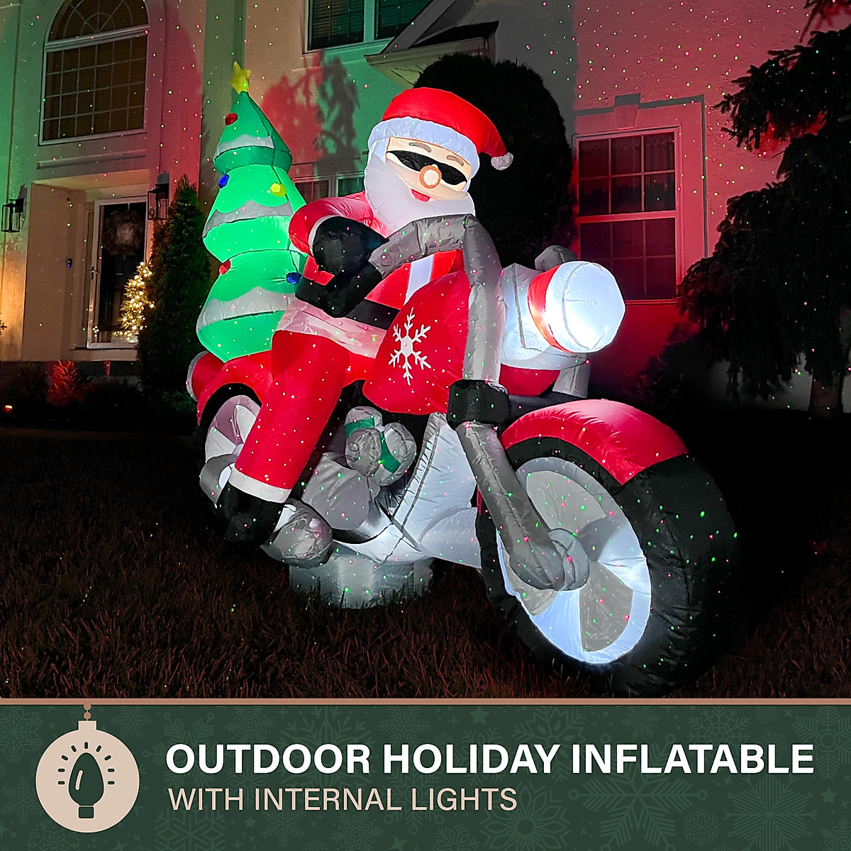 Fraser Hill Farm 7-Ft. Wide Santa on Motorcycle Blow Up Inflatable with Lights, Outdoor Christmas Inflatable Decoration for Lawn and Yard, Giant Festive Holiday Decor