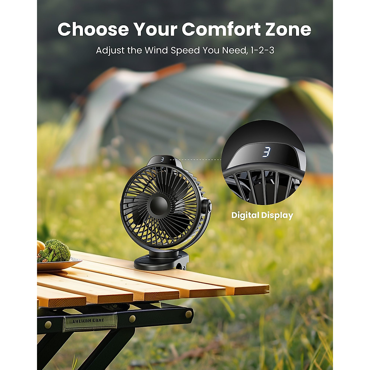 Koonie Portable Clip On Fan, Small USB Fan Battery Operated, 3 Speed Rechargeable Mini Fan With LED Display, 360° Rotate Personal Cooling Desk Fan for Stroller Travel Camping Golf Gym