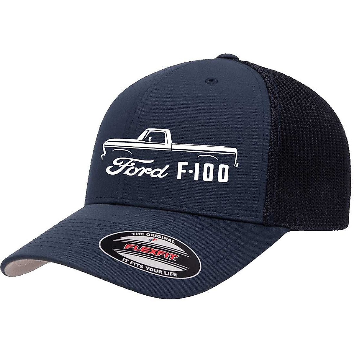1973-77 Ford F100 Pickup Truck Classic Outline Design Flexfit 6511 Trucker Mesh Fitted Cap Navy