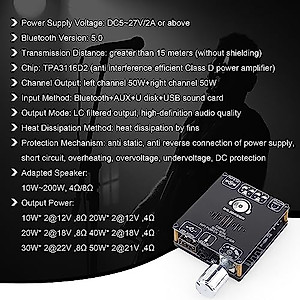 C50HS Bluetooth Amplifier Board TPA3116D2 HiFi Chip 12-24V DC Input,Support USB Sound Card/USB Flash, AUX, Bluetooth Multiple Input Modes (C50HS with 12V/5A DC Power Adapter)