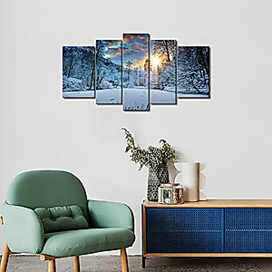 Modern Canvas Painting Wall Art Snowfield Winter Snow Forest Tree Sunrise sunset Landscape Mountain & Tree Print on Canvas Artwork Wall Decor (B)