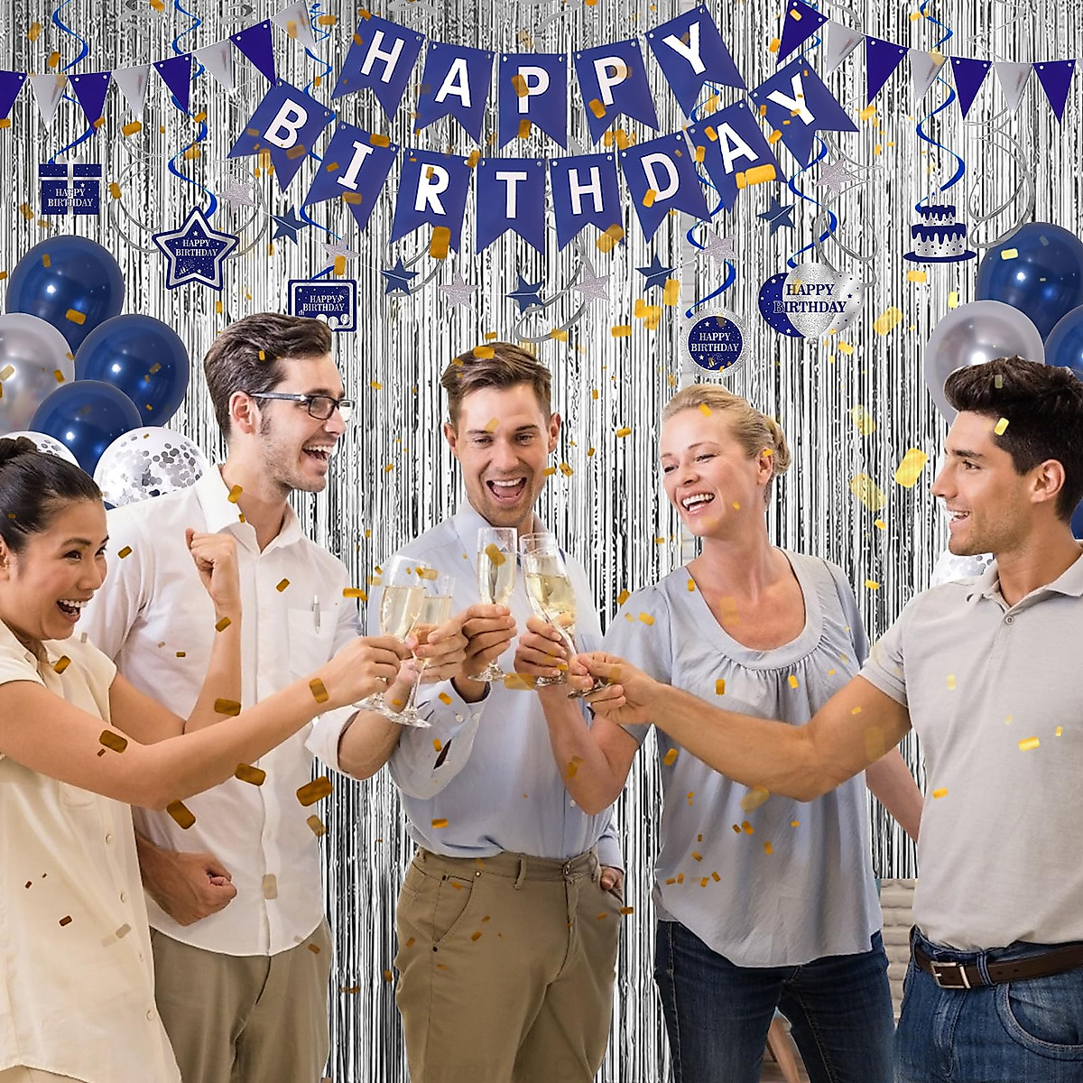 Blue Birthday Decorations for Men, Birthday Party Decorations for Men Women Boys Grils with Bunting Banner, Fringe Curtains, Hanging Swirl, Tablecloth happy birthday decorations Party Decor Suit