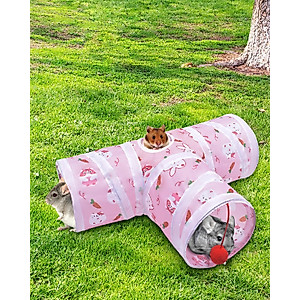 Bissap Rabbit Tunnel, 9.8'' Collapsible Bunny Tunnel and Tube 3 Ways Pet Hideout with 1 Play Ball for Indoor Kittens Dwarf Rabbits Bunnies Guinea Pigs Chinchillas Small Animal Activity Fun Toys (Pink)