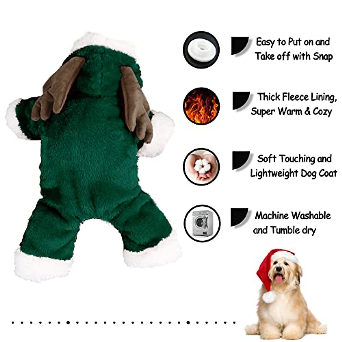 AOFITEE Dog Christmas Reindeer Costume Dog Onesie Soft Comfy Coral Velvet Pajamas, Pet Warm Winter Hoodies Jumpsuits for Holiday Party (Small, Green)
