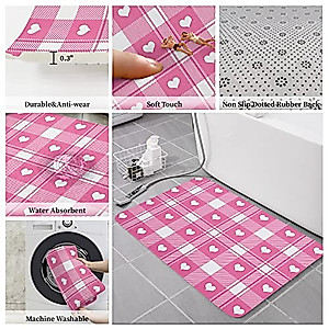 Valentines Day Bathroom Rugs Sets Love Heart Bath Mats Set with Toilet Lid Cover Non Slip Bathroom Mat, U-Shaped Contour Toilet Mat, Pink Buffalo Plaid Check 3 Piece Bathroom Rugs