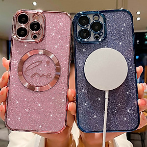 MGQILING Compatible with iPhone 13 Pro Max Magnetic Glitter Case-6.7 Inch, Luxury Love Heart Pattern Plating Clear Case, Compatible with MagSafe for Women Girls Shockproof Back Cover-Pink