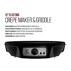 CHEFMAN Electric Crepe Maker: Precise Temp Control, 12" Non-Stick Griddle, Perfect for Crepes, Tortillas, Blintzes, Pancakes, Waffles, Eggs, Bacon, Batter Spreader & Spatula Included, Black