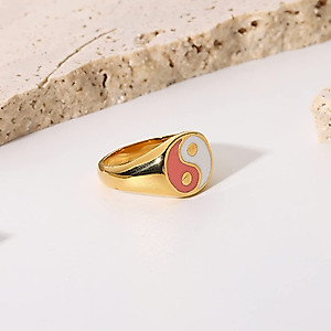 Yin and Yang Pink and White Round Signet Band Ring for Women Hypoallergenic Stainless Steel 18K Gold Plated Fashion Dainty Middle Finger Ring Tai Chi Balance Chinese Taoism Zen Spirit Talisman Statement Ba Gua Feng Shui BFF Birthday Size 6-8 (6)