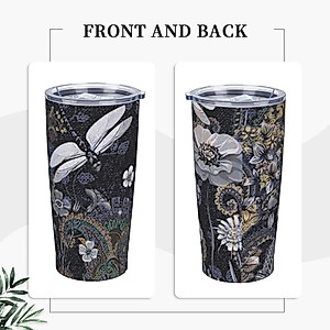 EVANEM 20 Oz Stainless Steel Tumbler With Straw Cleaner Dragonflies Grey Printed Insulated Cup Travel Coffee Mug Vacuum Insulated Tumblers For Home Office