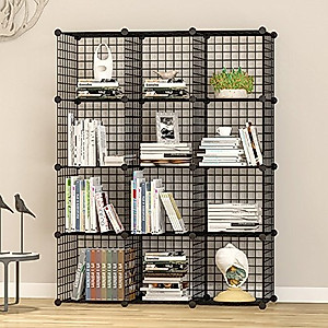 UNICOO - 14 * 14 Inch Big Cube Multi Use DIY 12 Cube Wire Grid Organizer, Bookcase, Bookshelf, Storage Cabinet, Wardrobe Closet,Toy Organizer, Wire Cube Storage- (Black Wire)