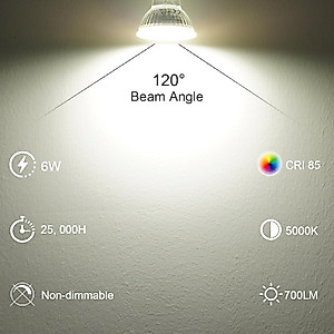 DiCUNO GU10 LED Light Bulbs, 6W 60W Halogen Replacement, Bright Daylight White 5000K, 700LM, Full Glass Cover 120 Degree Beam Angle 120V MR16 GU10 LED Non-dimmable, Spotlight Track Lighting, 6-Pack