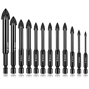 12 Pieces Glass Concrete Drill Bit Set Masonry Drill Bits for Brick, Tile, Plastic and Wood, Tungsten Carbide Tip for Wall Mirror and Ceramic Tile on Concrete and Brick Wall 3-12Mm (Black,3-12 Mm)