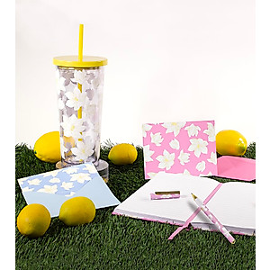 Draper James Travel Tumbler with Lid and Straw, 24 Ounce Insulated Cup, Clear Floral Plastic Double Wall Tumbler, Magnolias