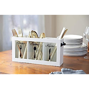 BLU MONACO White Wooden Flatware, Cutlery, Kitchen Utensil & Silverware Caddy Organizer Bin Holder for Forks, Spoons, Knives - Perfect for Kitchen Countertop