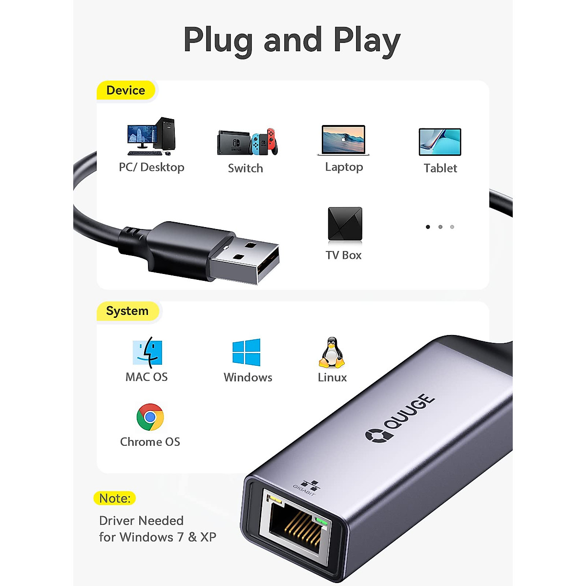 USB to Ethernet Adapter, Plug & Play USB 3.0 to 1000 Gigabit RJ45 LAN Ethernet Adapter for Laptop, Aluminium Portable USB Network Adapter Compatible for Nintendo Switch MacBook PC Mac Window - QUUGE