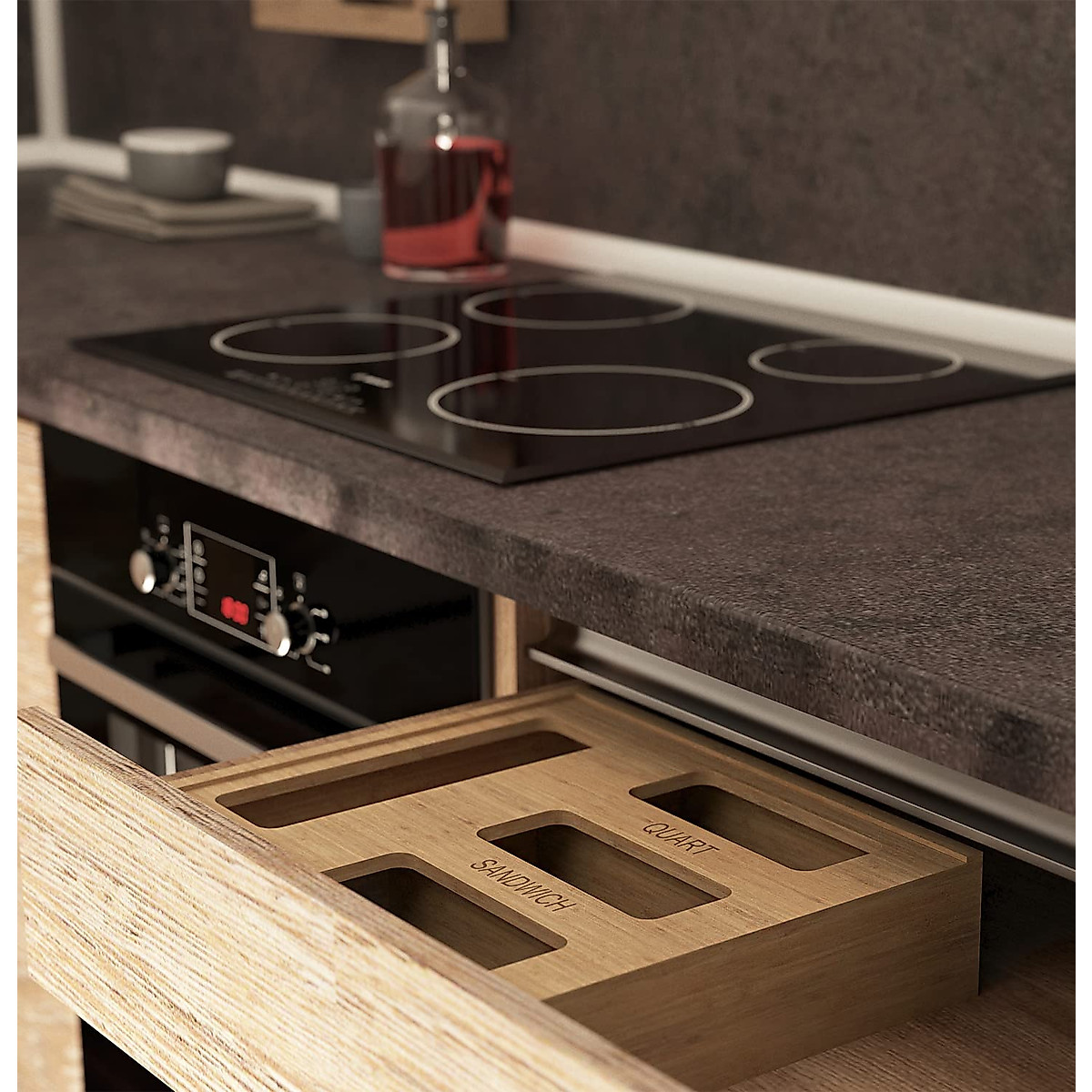 Bamboo Ziplock Bag Storage Organizer Baggie Holder for Drawer and Wall Kitchen Compatible with Solimo, Ziploc, Hefty, Glad for Gallon, Quart, Sandwich, Snack and Slider Bags by brand Huge Estate