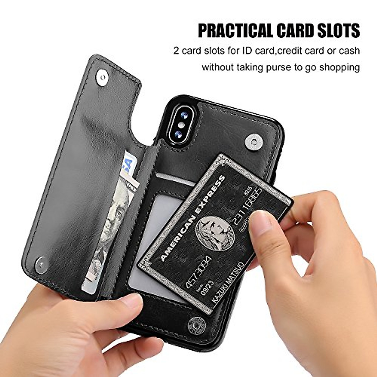iPhone Xs iPhone X Wallet Case with Card Holder,OT ONETOP Premium PU Leather Kickstand Card Slots Case,Double Magnetic Clasp and Durable Shockproof Cover(Black)