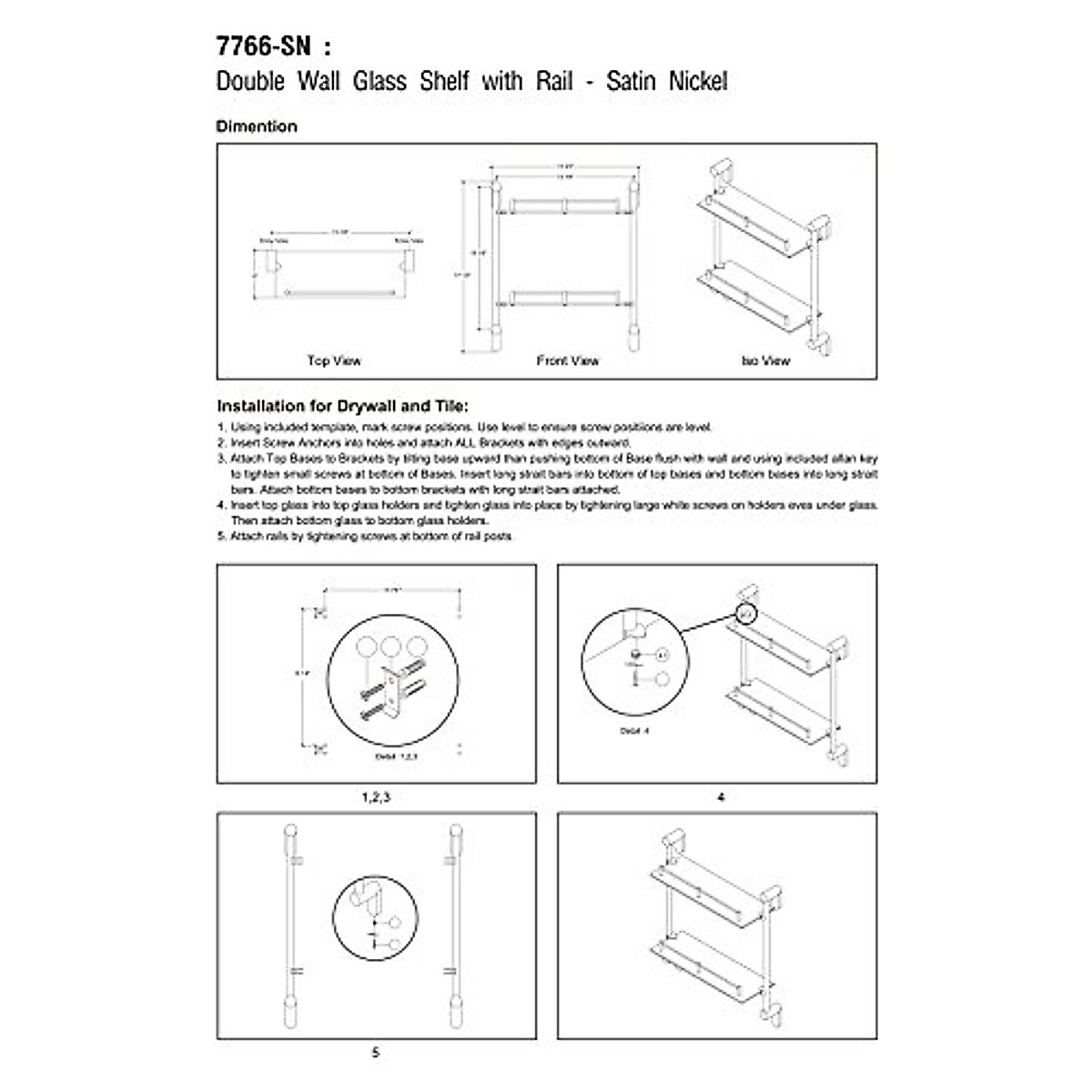 MODONA Double Wall Glass Shelf with Pre-Installed Rail - Satin Nickel - Oval Series - 5 Year Warrantee