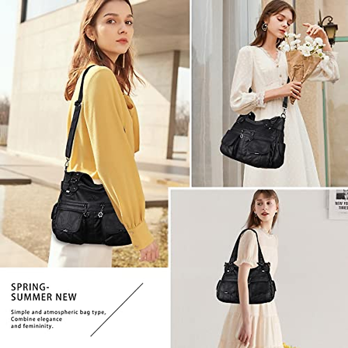 Angelkiss Women's Designer Handbag Large Double Zipper Multi Pocket Washed, Black