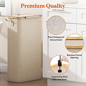 Lifewit 65L Slim Laundry Hamper with Lid, Narrow Laundry Basket with Removable Bag & Bamboo Handles, Fodable Thin Dirty Clothes Hamper for Laundry Collapsible Bin for Bathroom Bedroom Dorm, Beige
