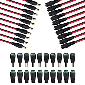 (Real 18AWG 43x2pcs Strands) 10 Pairs DC Power Pigtail Cable 12V 5A Male & Female + 10 Pairs DC Power Jack Plug Adapter barrel Connector for CCTV Home Security Surveillance by MILAPEAK (2.1mm x 5.5mm)