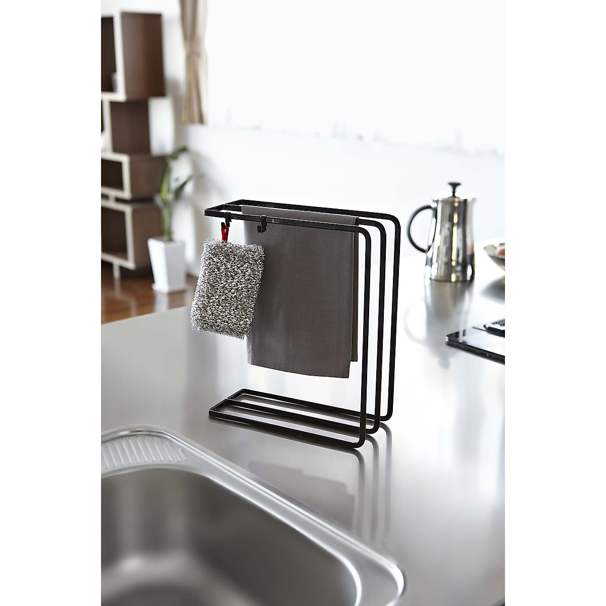 YAMAZAKI Dish Home Dishcloth Hanger | Steel | Towel Holder, One Size, Black